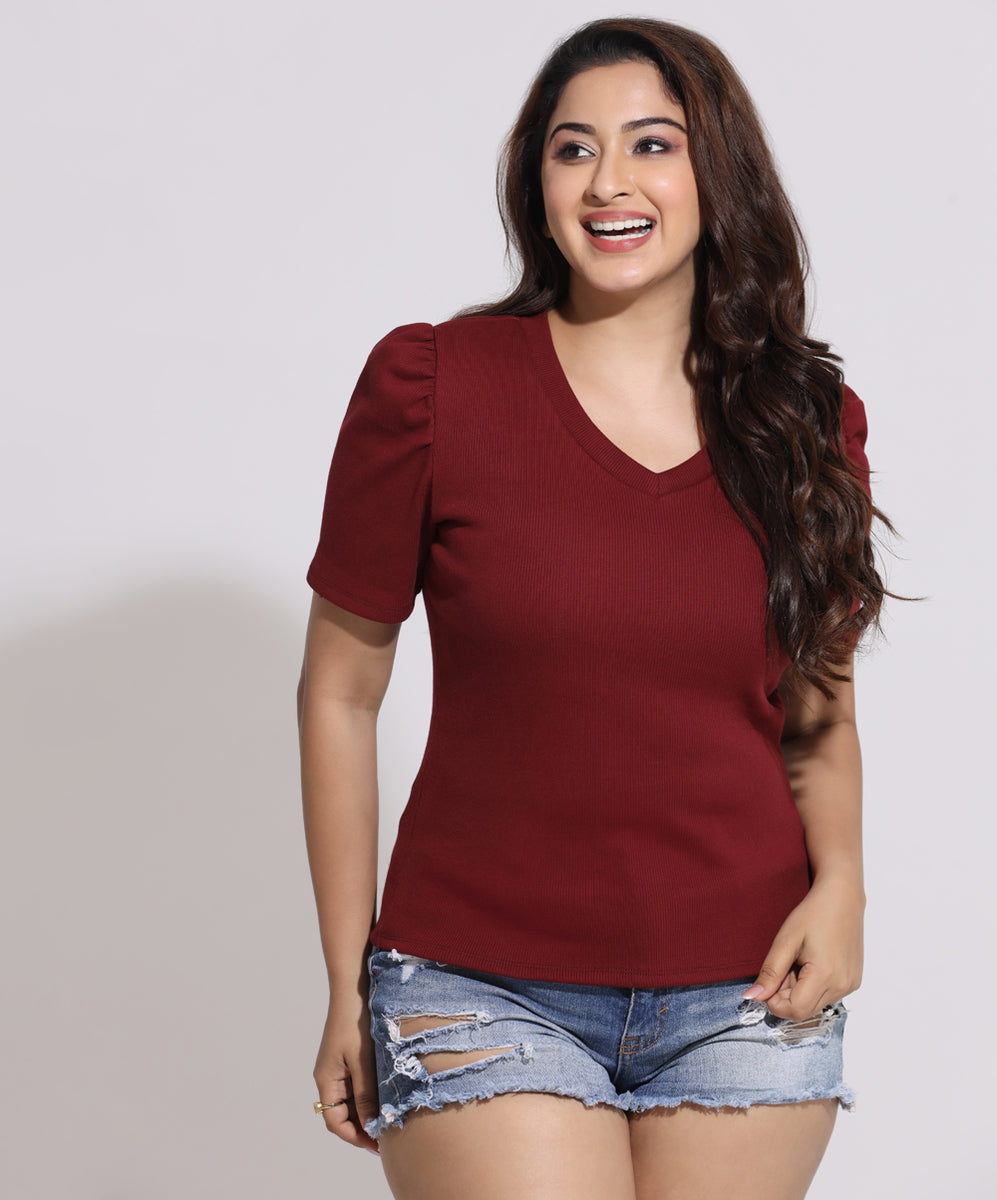 Elegant Short Puff Sleeve Maroon T-Shirt – Zigzag