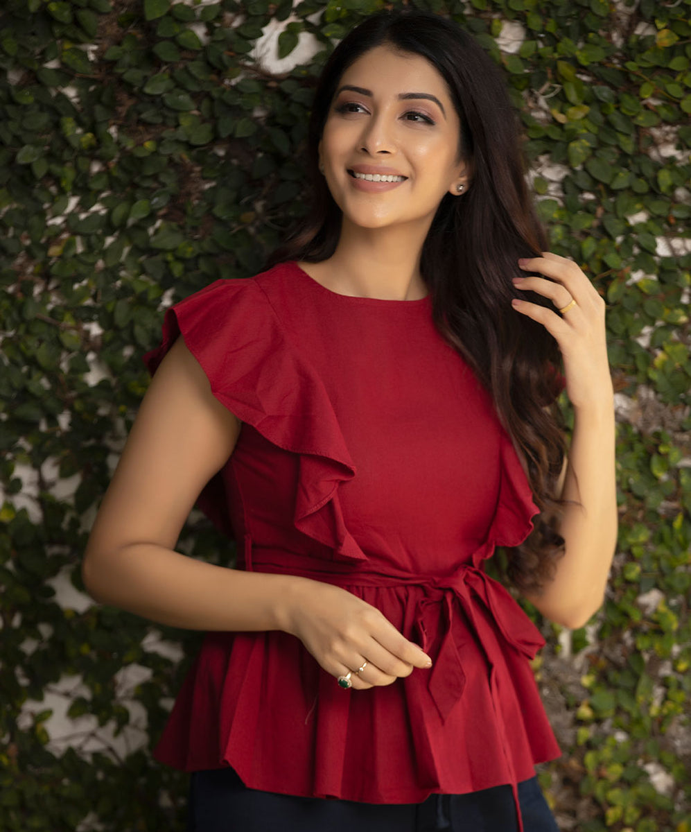 Frilled Linen Pretty Maroon Top – Zigzag